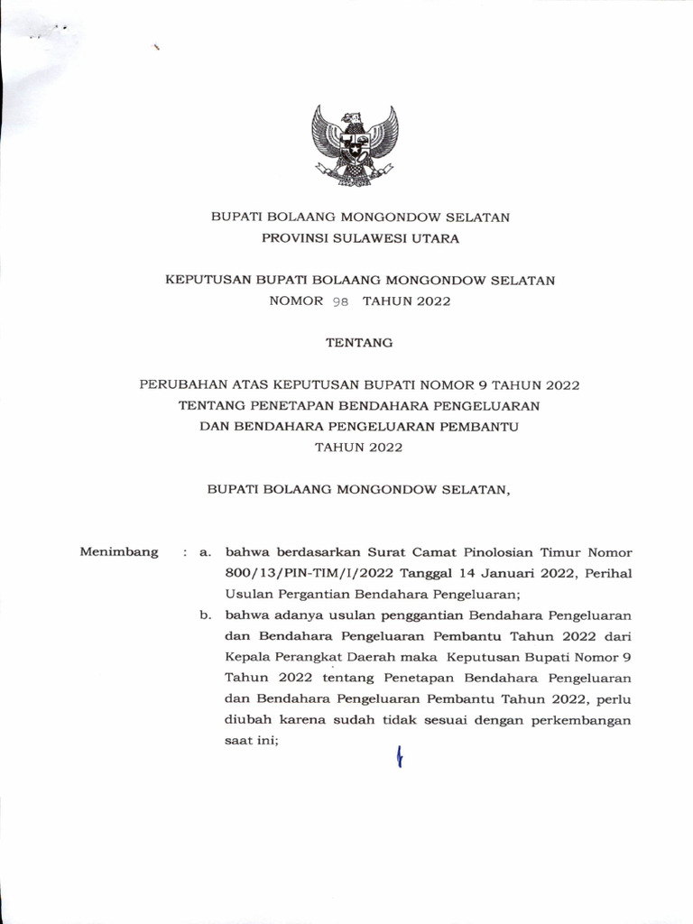 SK Bend Pengeluaran Perubhn 1 Nomor 98 Tahun 2022 | PDF