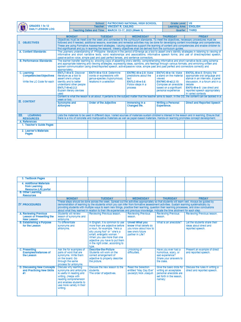 Daily Lesson Log English 7 THIRD QUARTER Week 5 | PDF | Learning | Teachers