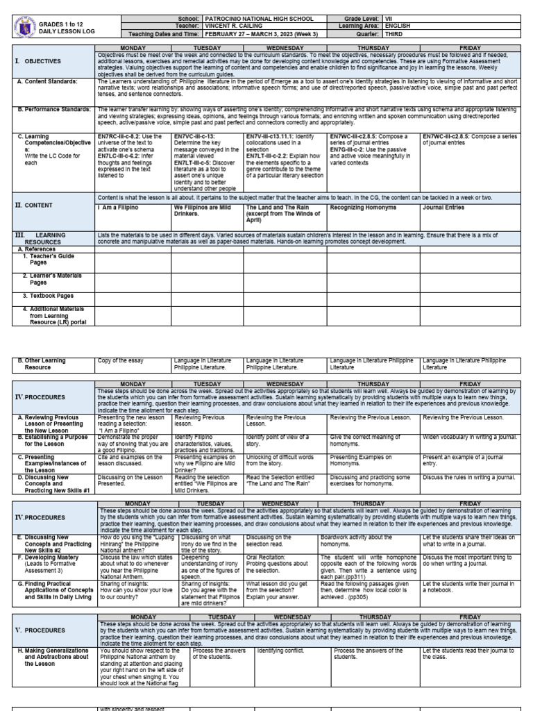 Daily Lesson Log English 7 THIRD QUARTER Week 3 | PDF | Learning | Knowledge