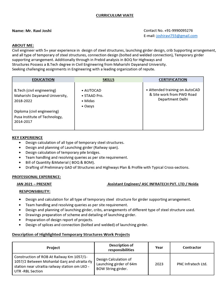 Civil Engineer Resume: Ravi Joshi | PDF | Transport | Transport ...