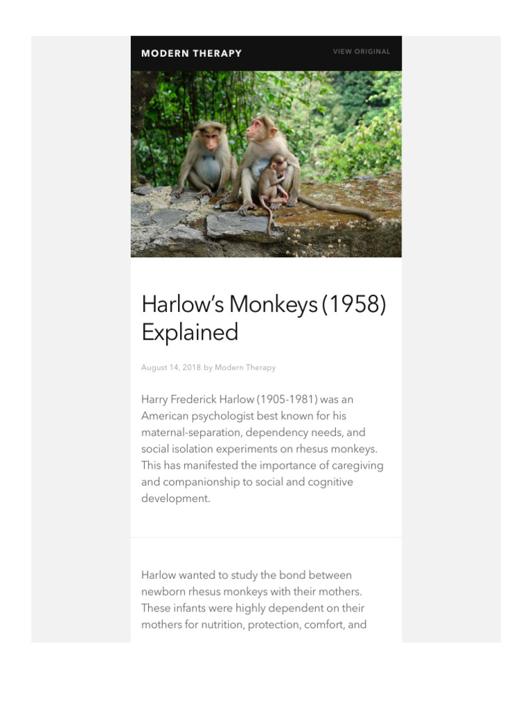 Harlow's Monkeys (1958) Explained | PDF | Attachment Theory | Psychology