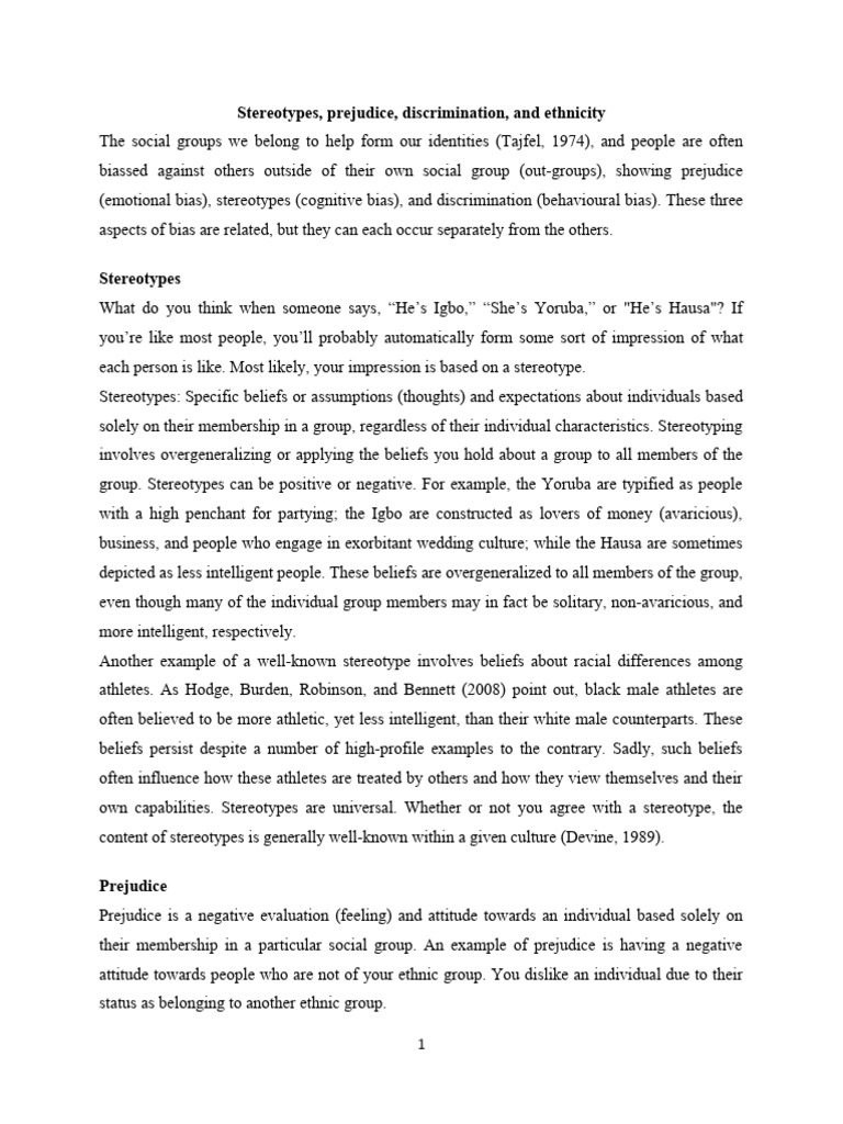 Stereotype, Prejudice and Discrimination | PDF | Prejudices | Stereotypes