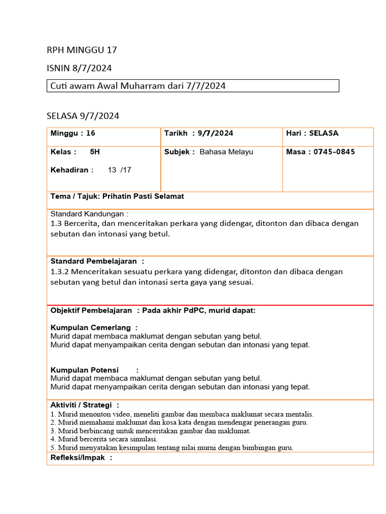 RPH Minggu 17 ISNIN 8/7/2024 Cuti Awam Awal Muharram Dari 7/7/2024 ...