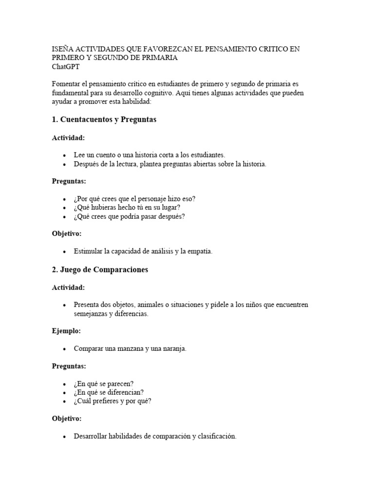 Iseña Actividades Que Favorezcan El Pensamiento Critico en Primero y ...
