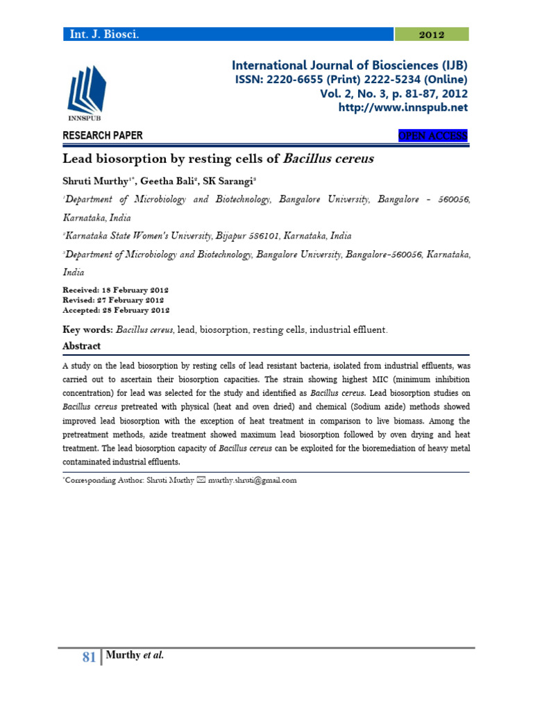 Lead Biosorption by Resting Cells of Bacillus Cereus | PDF | Chemistry