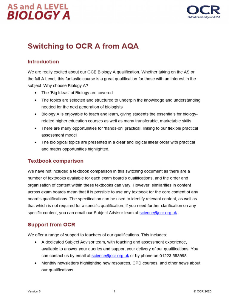 Switching To Ocr Biology A Gce From Aqa | PDF | Cell (Biology) | Genetics