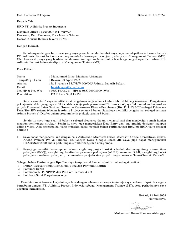 Surat Lamaran Kerja Posisi Management Trainee - PT Adhimix Precast ...