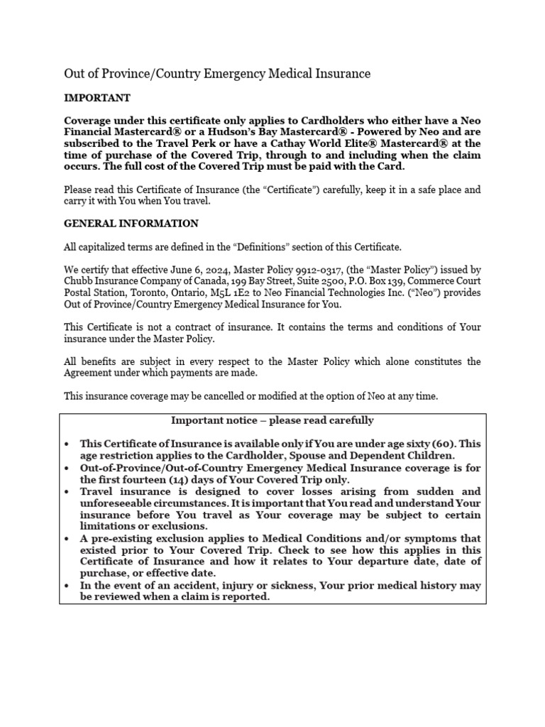 Neo Financial - Out of Province or Country Emergency Medical Insurance ...