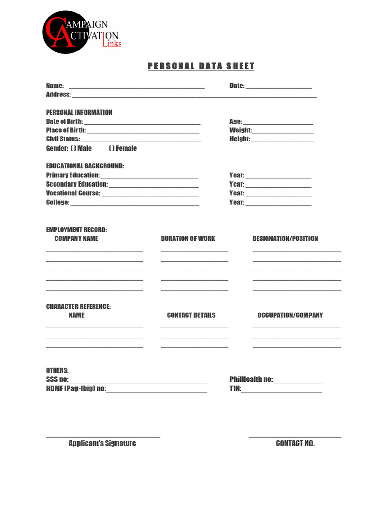 Personal Data Sheet Template | PDF | Social Science
