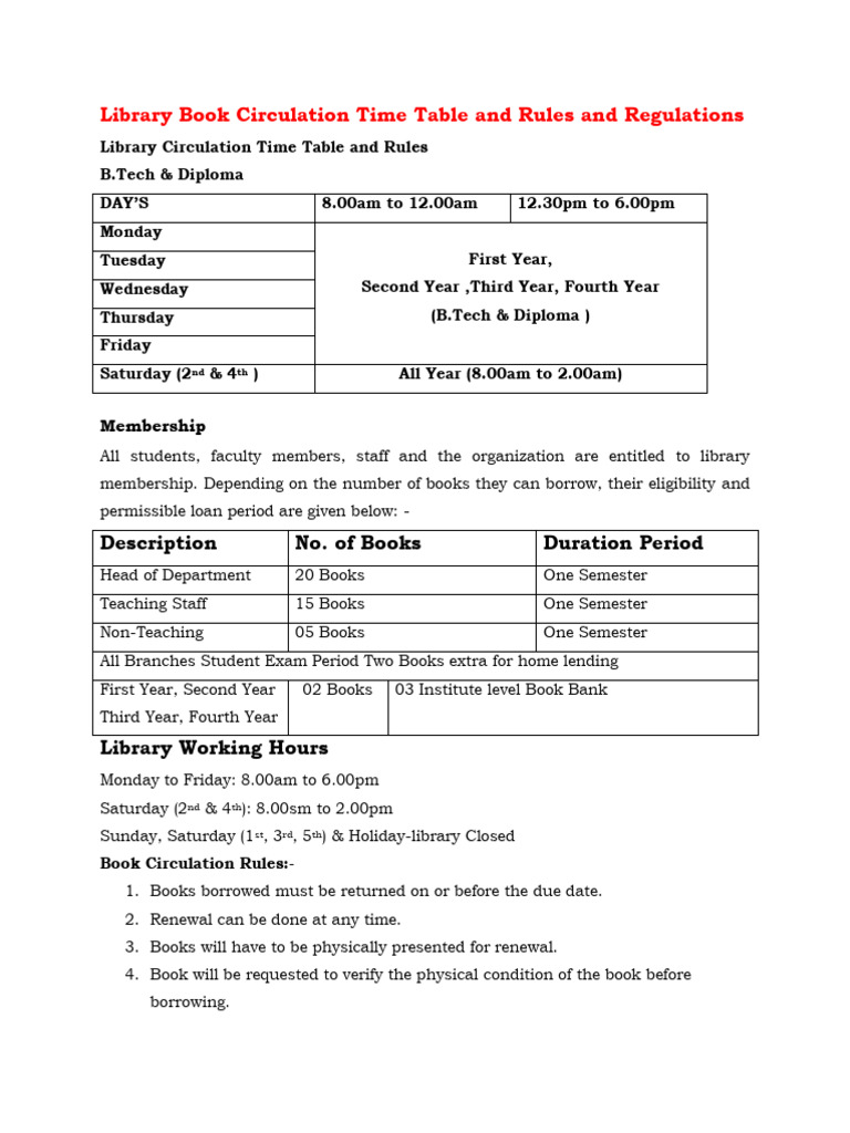 06 Book Circulation Time Table, Rules | PDF | Libraries | Academic Term