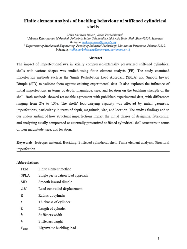 Finite Element Analysis Of Buckling Behaviour Of Stiffened Cylindrical Shells Pdf Buckling