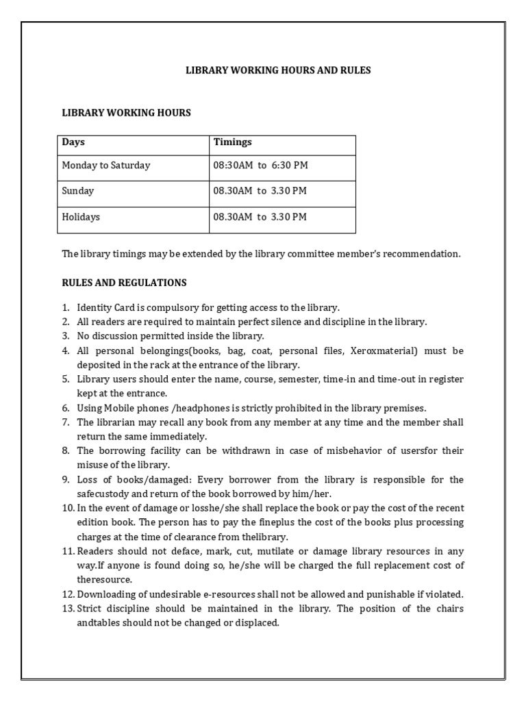 Library Working Hours and Rules | PDF | Libraries