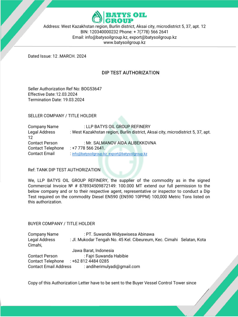 LLP BATYSOIL GROUP REFINERY DIP TEST AUTHORIZATION PT. SUWANDA ...