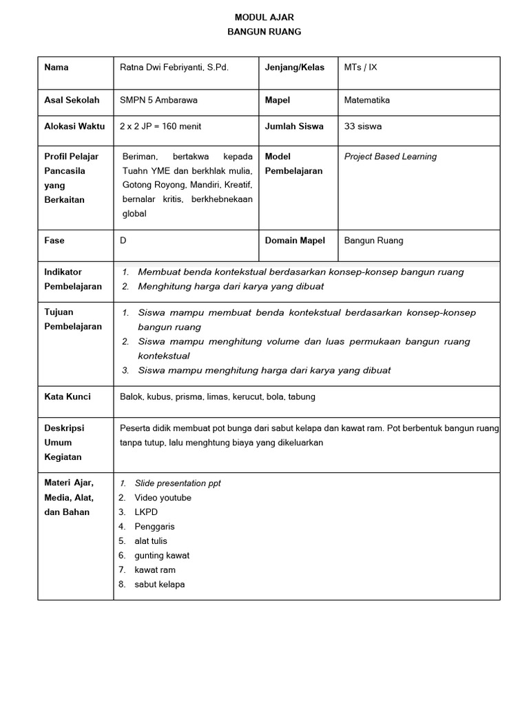 Modul Ajar Bangun Ruang Matematika IX | PDF