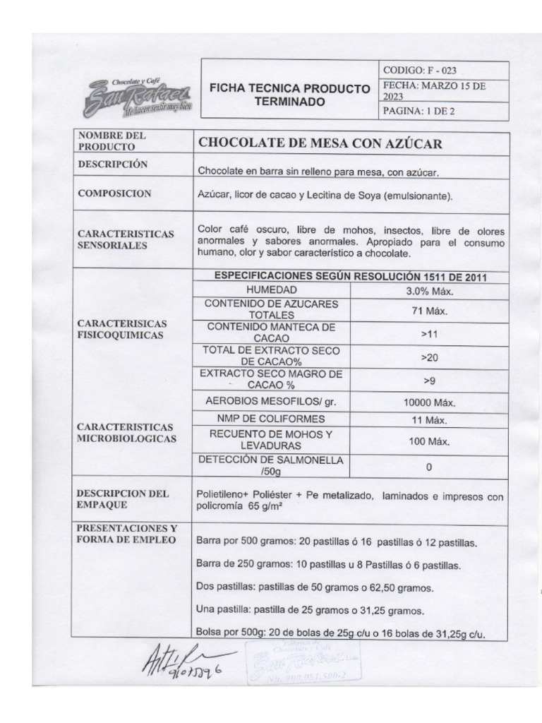 Ficha Tecnica Chocolate-2023 | PDF