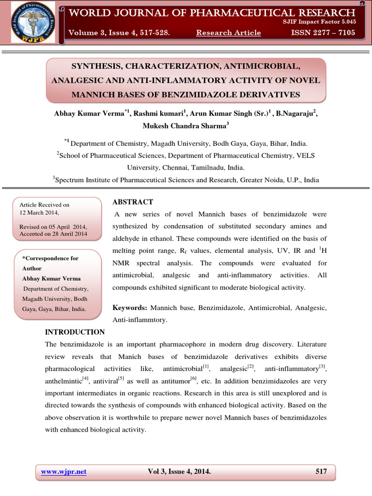 Synthesis, Characterization, Antimicrobial, Analgesic and Anti ...