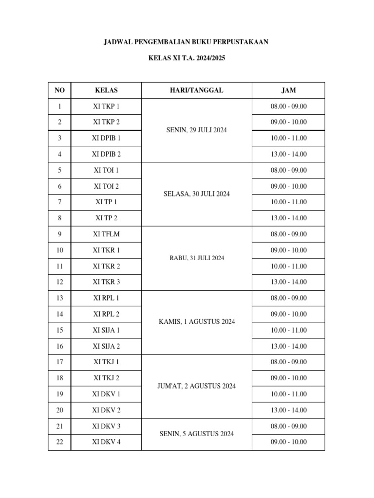 Jadwal Pengembalian Buku Kelas Xi T.A. 2024-2025 | PDF