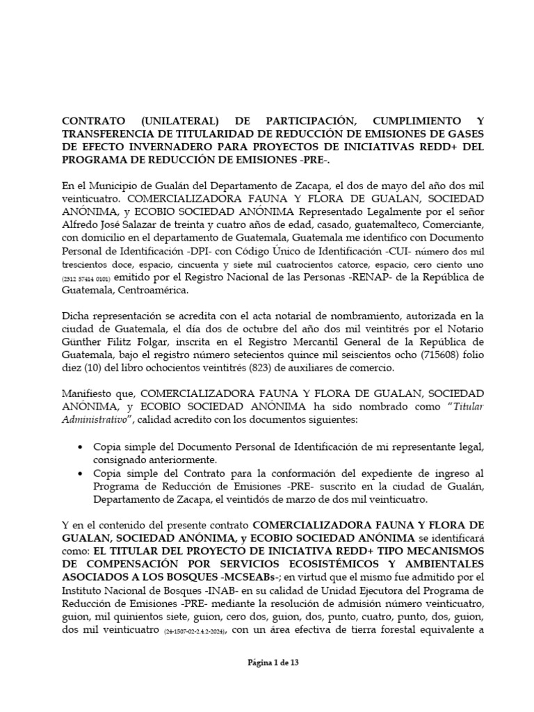Contrato Unilateral REDD+ Guatemala | PDF | Los bosques | Guatemala