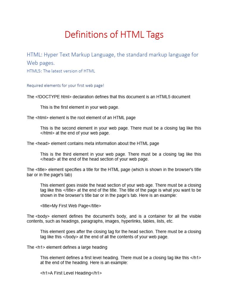 Definitions of HTML Tags | PDF | Html Element | Html
