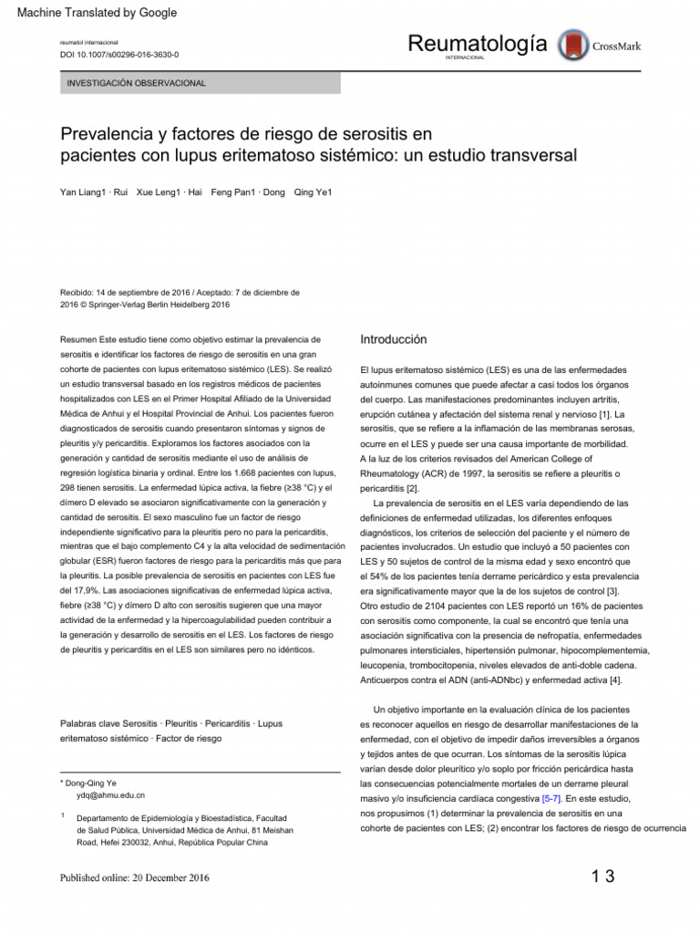 Prevalencia Serositis en Lupus2016T | PDF | Medicina | Epidemiología
