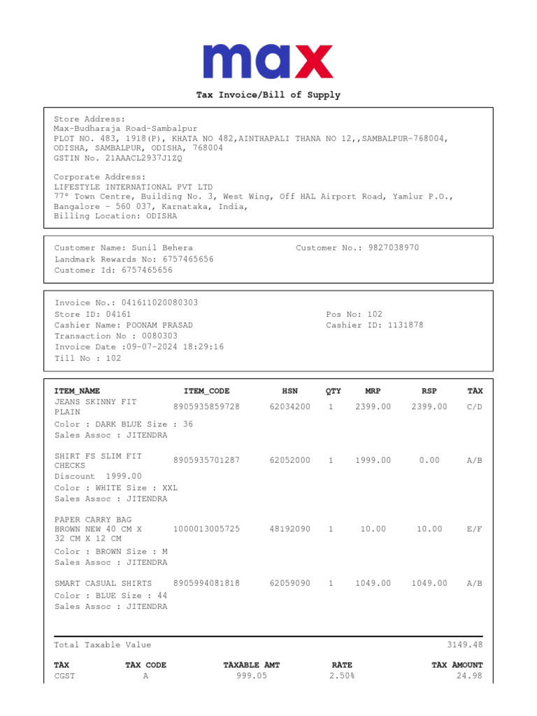 Tax Invoice for Max Retail Purchase | PDF | Merchandising | Taxes