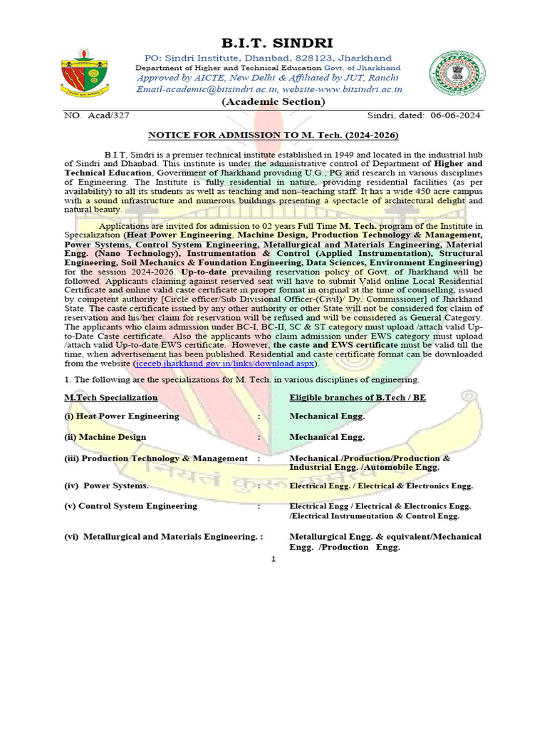 Notice For M.tech Admission Form Session 2024 2026 | PDF | Engineering