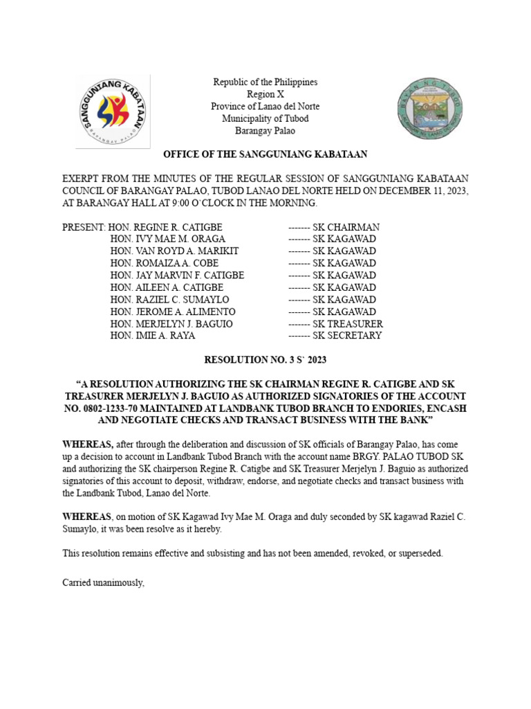 SK Resolution for Bank Signatories in Palao | PDF | Banking