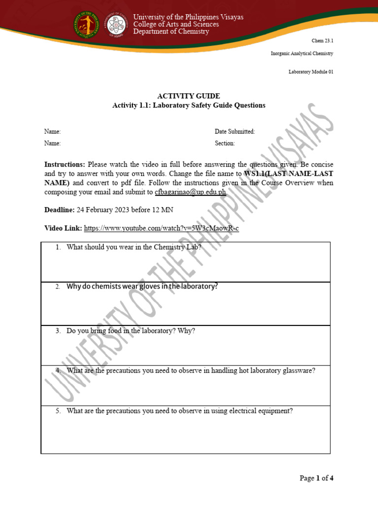 01.1 WORKSHEET Lab Safety | PDF | Laboratories | Chemistry