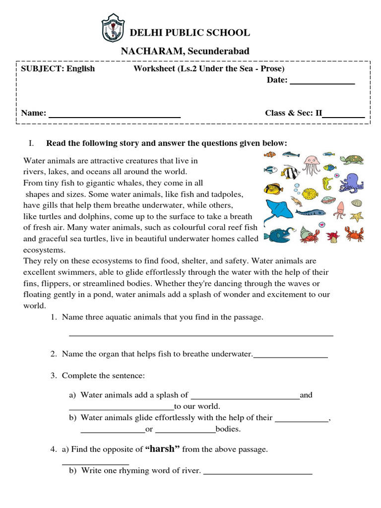 Grade 2 English Lesson Under The Sea Model Question Paper | PDF | Fish ...