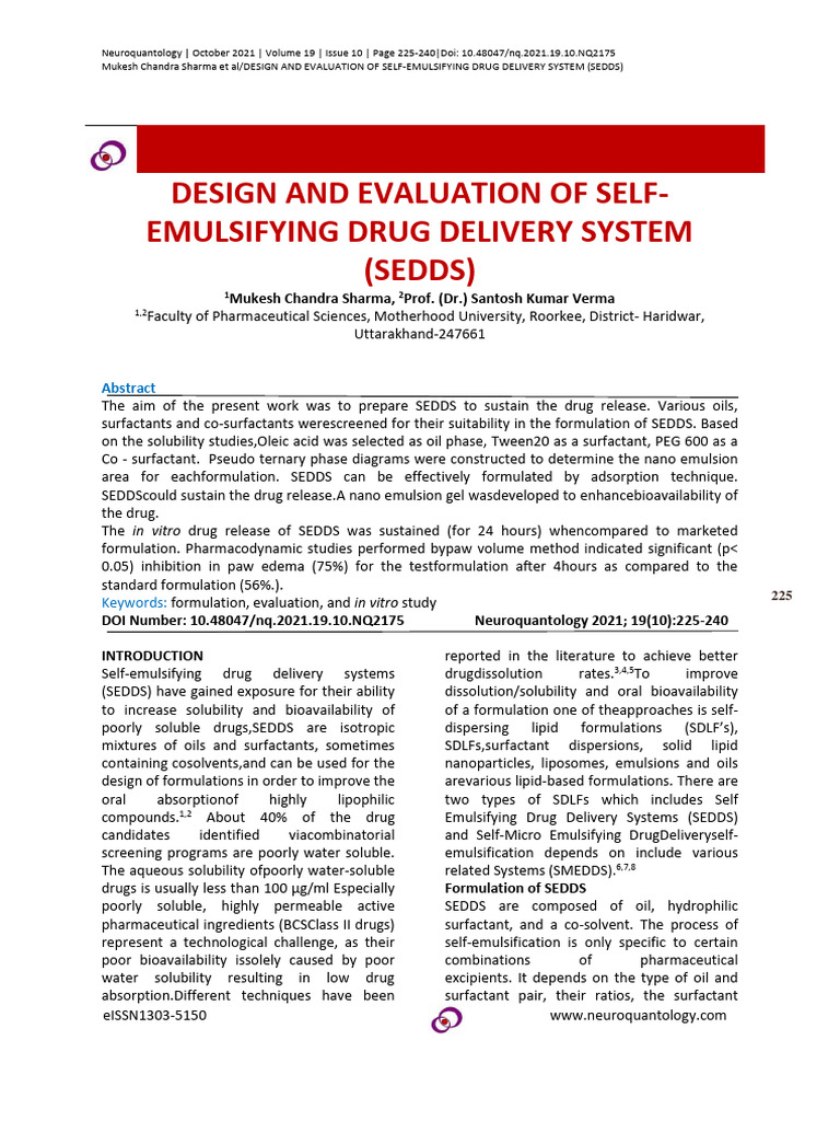 Design And Evaluation Of Self Emulsifying Drug Delivery System Sedds Pdf Emulsion