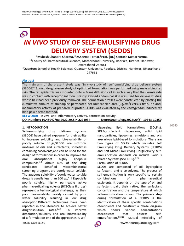 In Vivo Study of Self-Emulsifying Drug Delivery System (Sedds) | PDF ...
