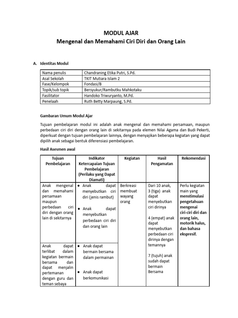 Modul Ajar PAUD - Mengenal Dan Memahami Ciri Diri Dan Orang Lain - Fase ...