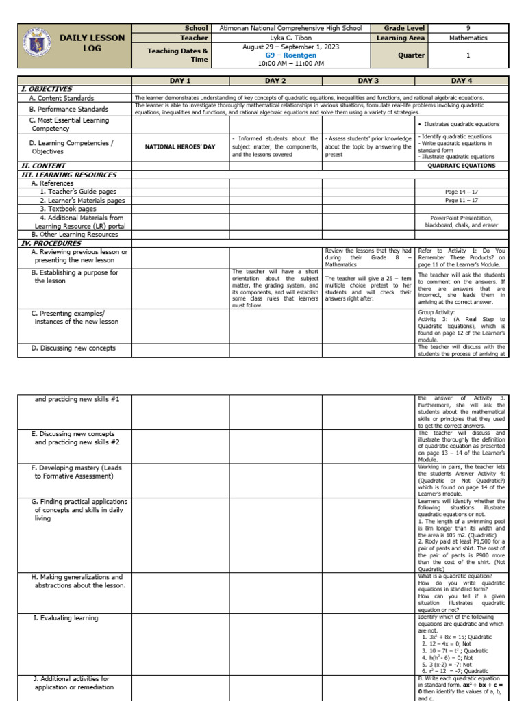 Grade 9 Quadratic Equations Lesson Plan | PDF | Learning | Equations