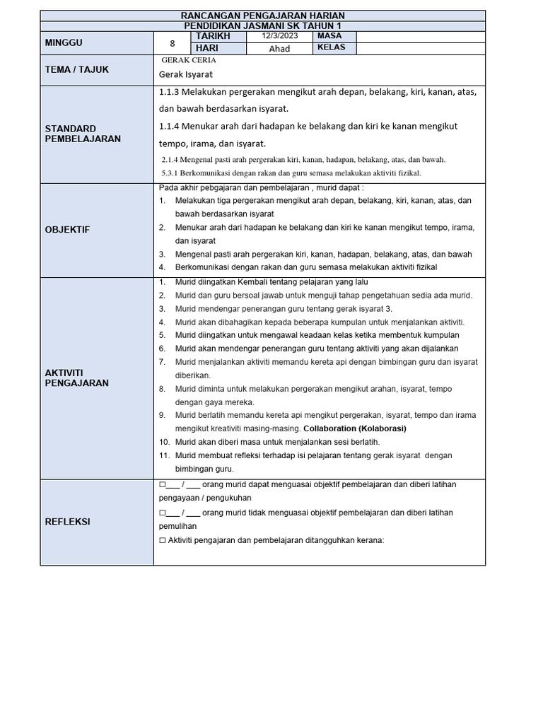 RPH Ringkas Minggu 8 PJ THN 1 by Cikgu Gorgeous | PDF
