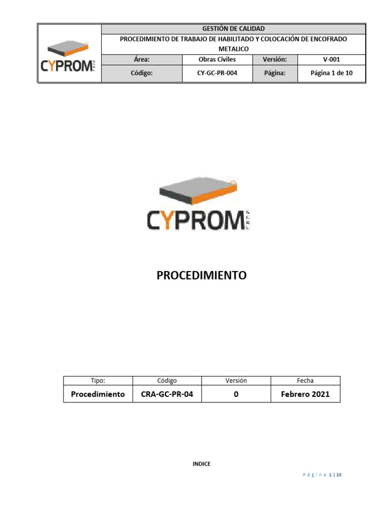 CRA-GC-PR-04 Procedimiento Trabajo de Habilitado y Colocacion de Encofrado CYPROM | PDF ...