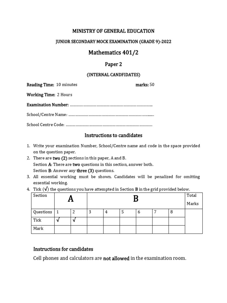 G9 Maths Paper 2 Mock 2022 | PDF | Area | Mathematics