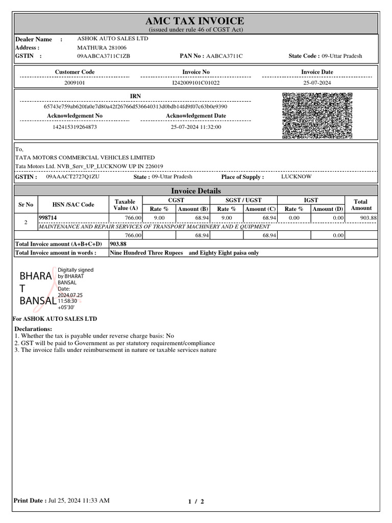 Amc Tax Invoice: Bhara T Bansal | PDF | Public Finance | Taxation