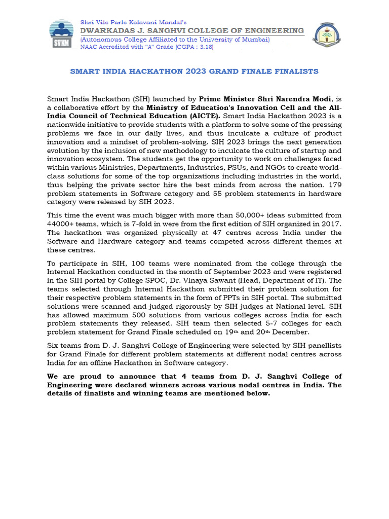 SIH 2023 Winners and Finalists List | PDF