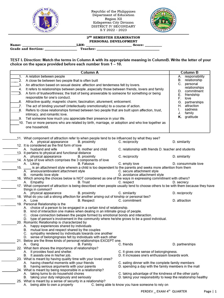 Physical Science Exam - 4thquarter - 2nd Sem | PDF | Attachment Theory | Love