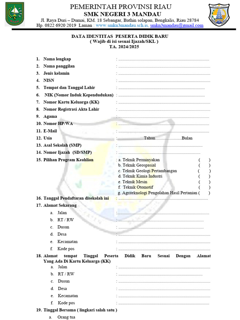 Data Identitas Peserta Didik Baru | PDF