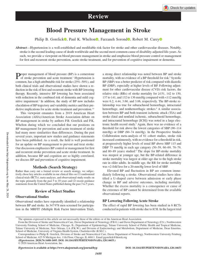 Gorelick Et Al 2020 Blood Pressure Management in Stroke | PDF | Blood ...