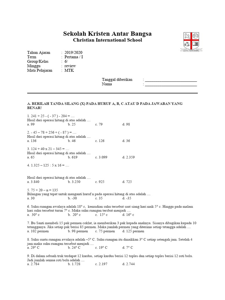 Latihan Math Kls 6 Term1 Bilangan Bulat Ankarpangkat 3 | PDF