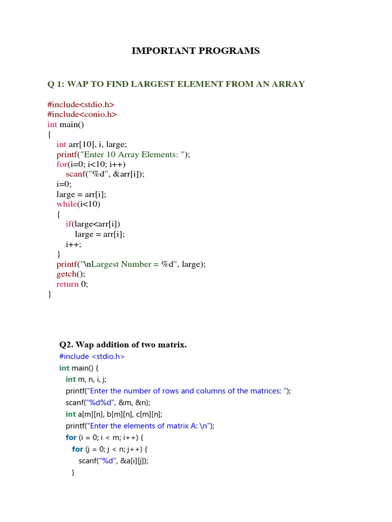 Important Programs Pdf Pointer Computer Programming Matrix Mathematics 