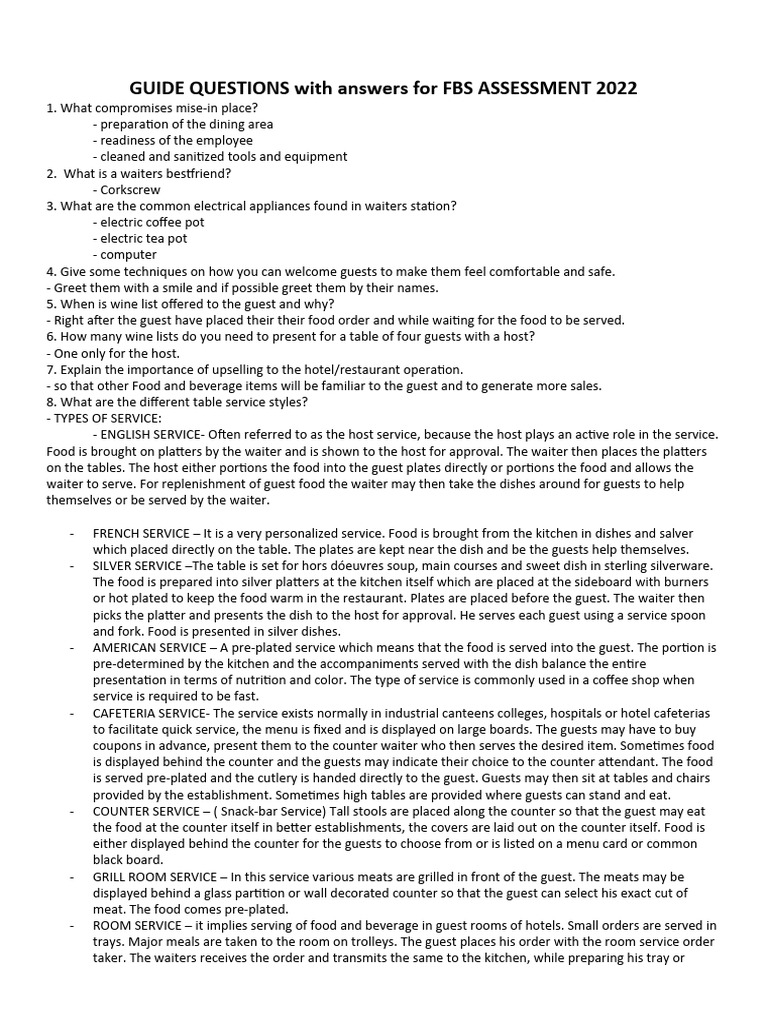 Guide Questions For Assessment 2022 | PDF | Tableware | Waiting Staff Guide Questions For Assessment 2022 | PDF | Tableware | Waiting Staff