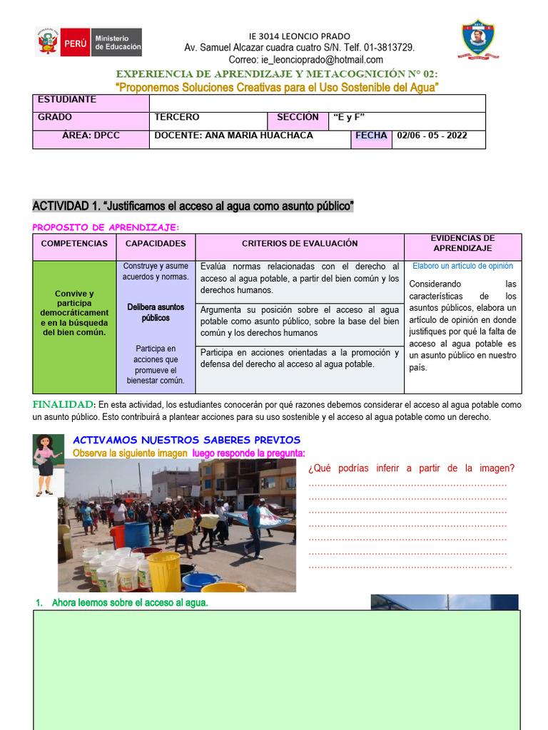 Act. de Aprendizaje. #01-3°. DPCC. 2. Mayo 2° Unidad | PDF | Agua | Agua potable