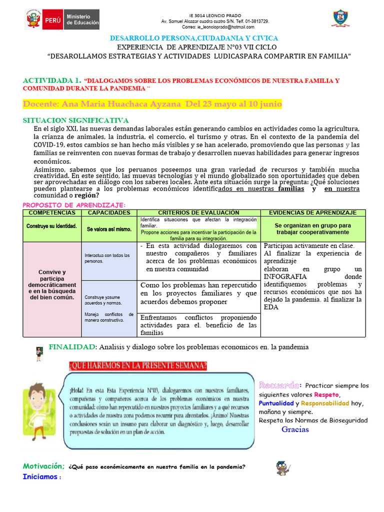 EdA-N° 03-Activ-1-3°.4°. DPCC - Mayo | PDF | Aprendizaje