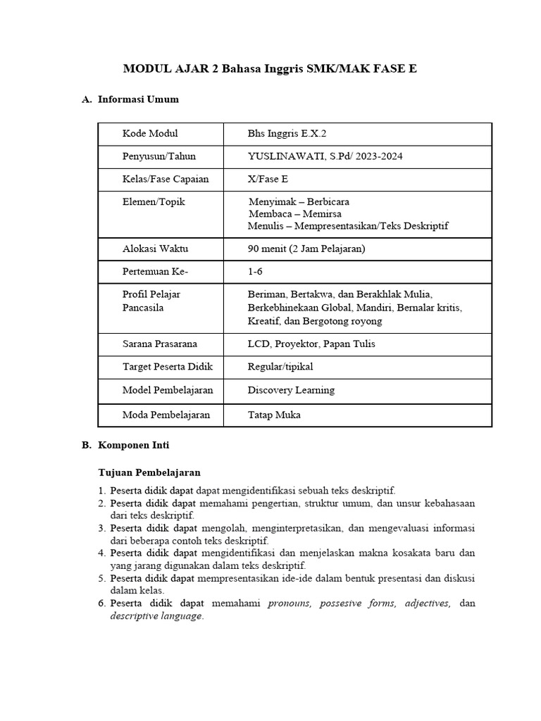 Modul Ajar - English - SMK-X - Unit 2 | PDF