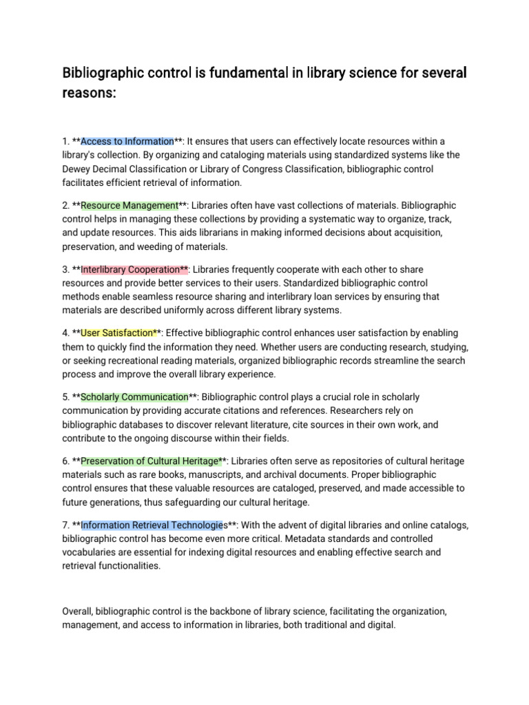 Importance of Bibliographic Control..... ) ) | PDF | Libraries ...