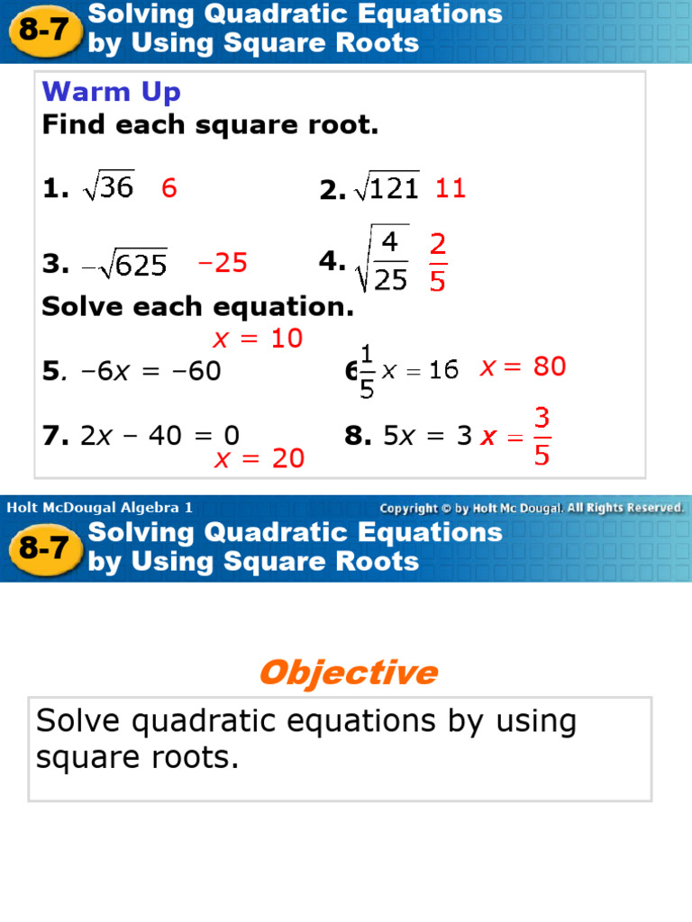 Solving Quadratic Equations by Using Square Roots PPP | PDF | Algebra ...