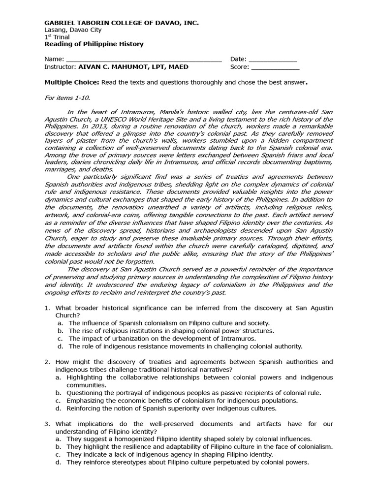 1st Trinal Exam - Reading of Philippine History | PDF | Primary Sources ...